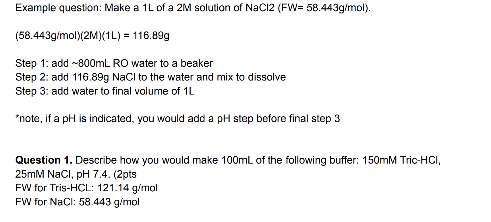 Solved Example question: Make a 1L of a 2M solution of NaCl2 | Chegg.com