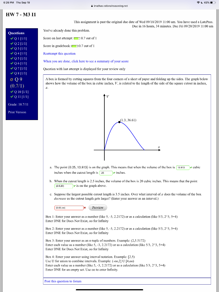 Solved 6:26 PM Thu Sep 19 L43% imathas.rationalreasoning.net | Chegg.com