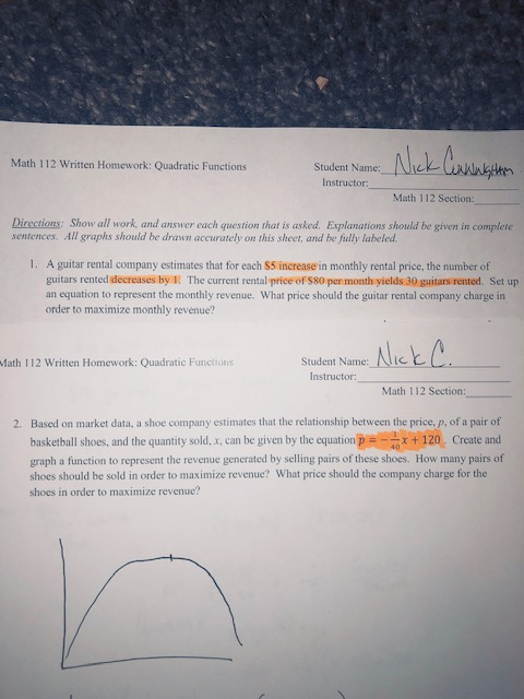 Solved Math 112 Written Homework: Quadratic Functions | Chegg.com
