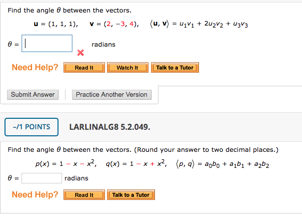 Solved Find the angle between the vectors. u = (1, 1, 1), v | Chegg.com