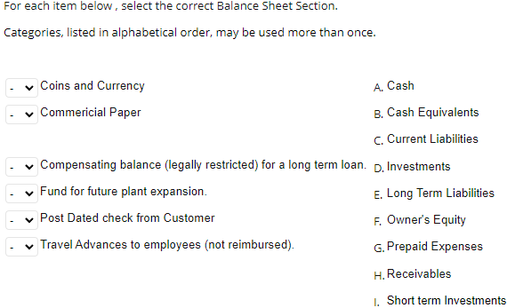 Solved For each item below, select the correct Balance Sheet | Chegg.com