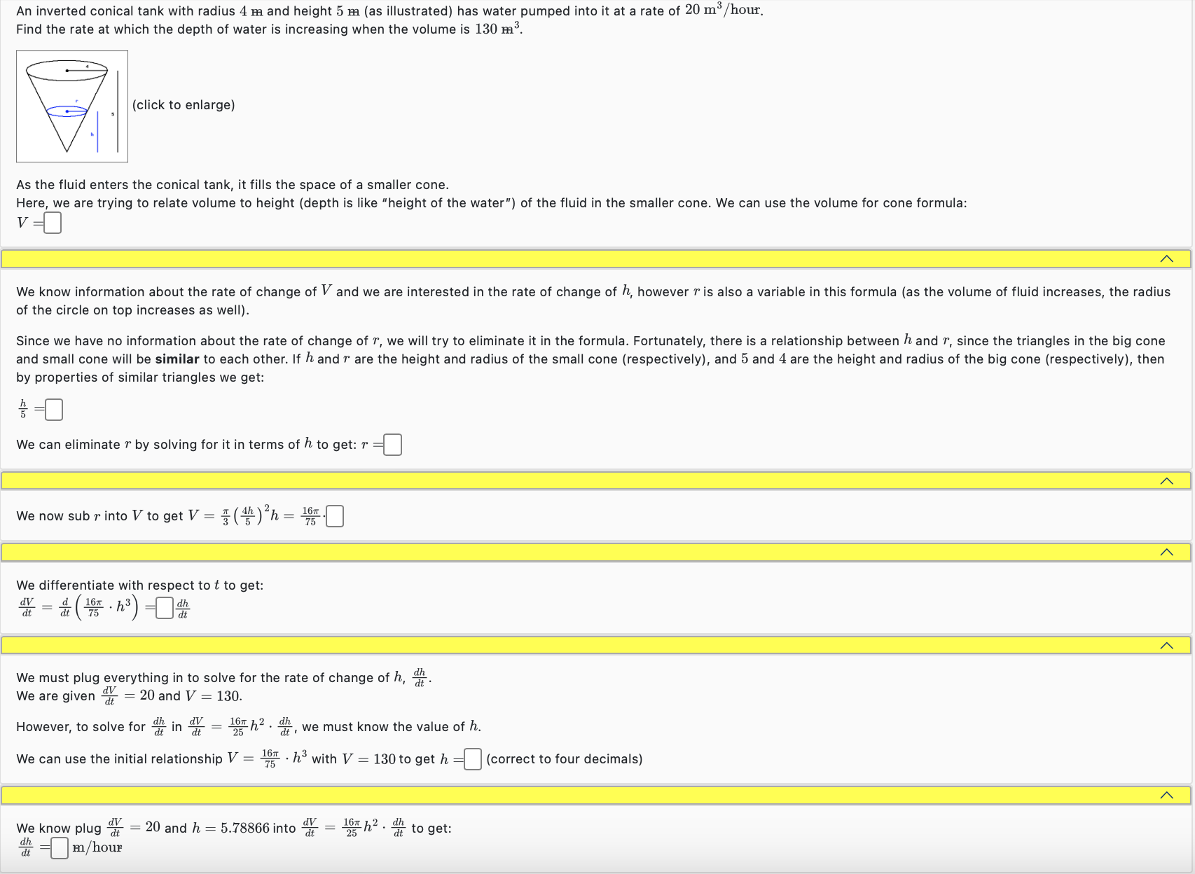 Solved An inverted conical tank with radius 4 m and height 5 | Chegg.com