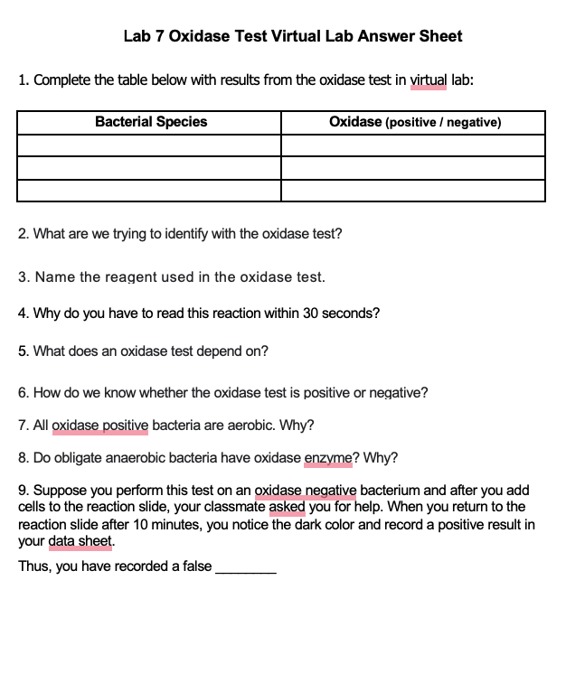 Solved Lab 7 Oxidase Test Virtual Lab Answer Sheet 1. | Chegg.com