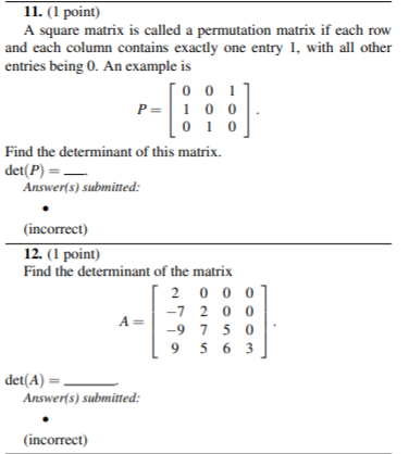 Solved 11. (1 point) A square matrix is called a permutation | Chegg.com