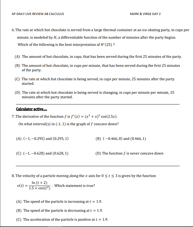 Solved AP DAILY LIVE REVIEW AB CALCULUS MARK & VIRGE DAY 2 | Chegg.com