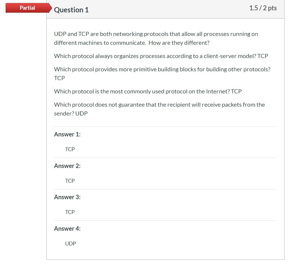 Solved Partial Question 1 1.5/2 pts UDP and TCP are both | Chegg.com