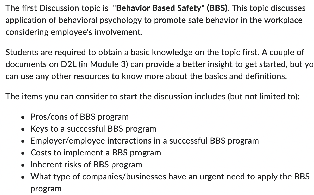 Solved The first Discussion topic is "Behavior Based Safety" | Chegg.com