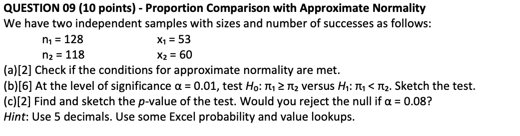 Solved QUESTION 09 (10 points) - Proportion Comparison with | Chegg.com