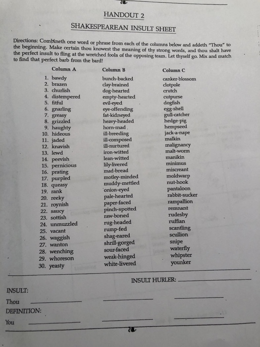HANDOUT 2 SHAKESPEAREAN INSULT SHEET Directions: | Chegg.com