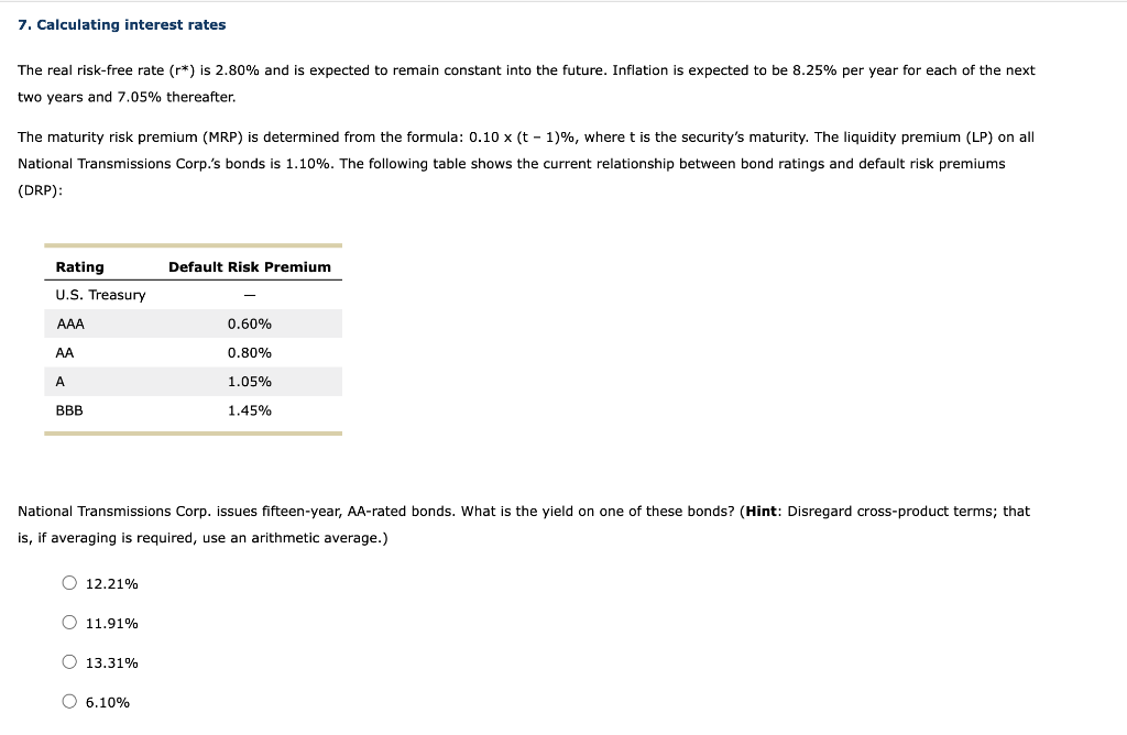 Solved 7. Calculating interest rates The real risk-free rate | Chegg.com
