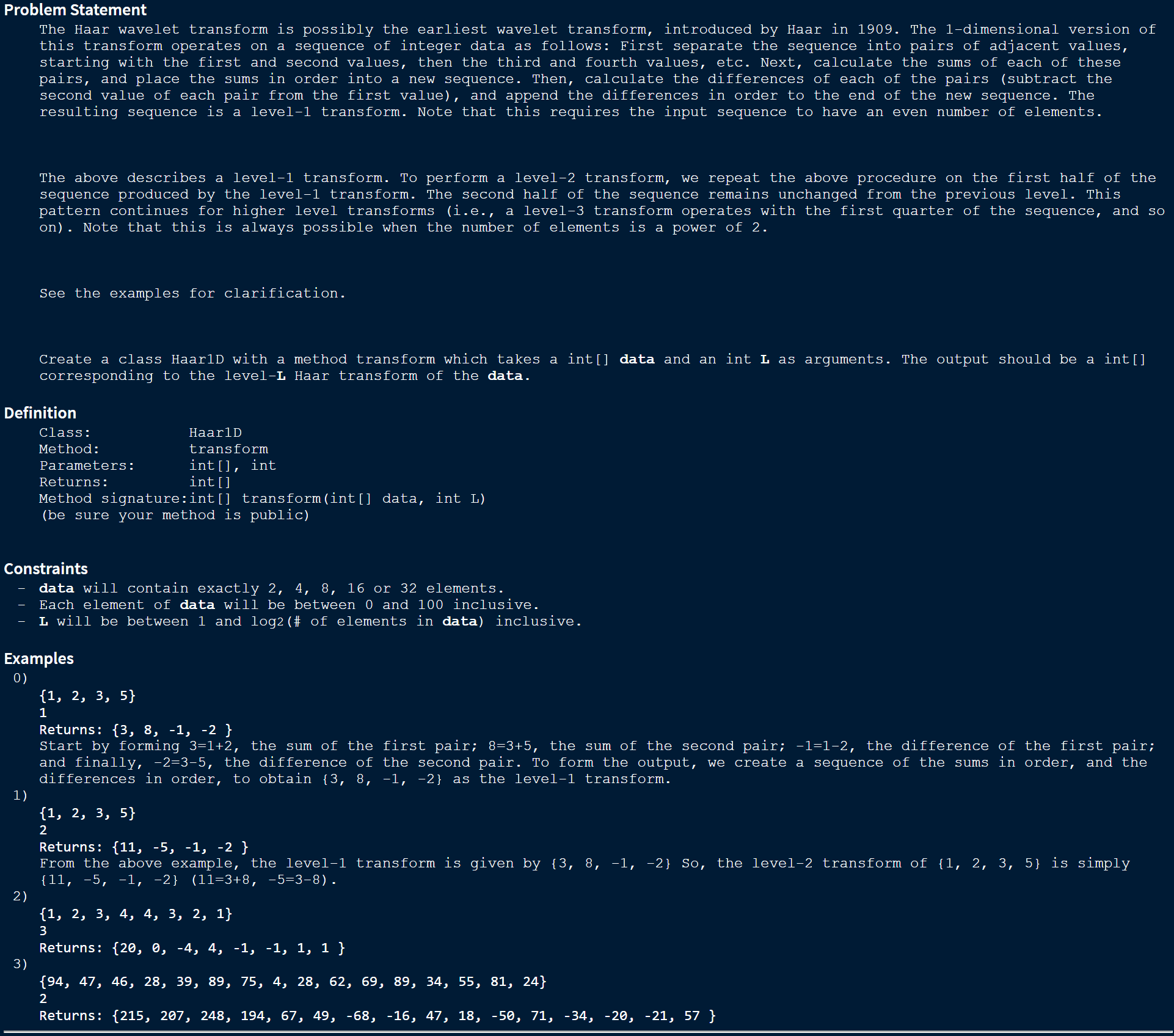Solved Problem Statement The Haar wavelet transform is | Chegg.com