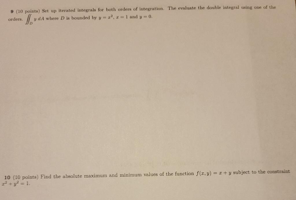 Solved 9 (10 points) Set up iterated integrals for both | Chegg.com