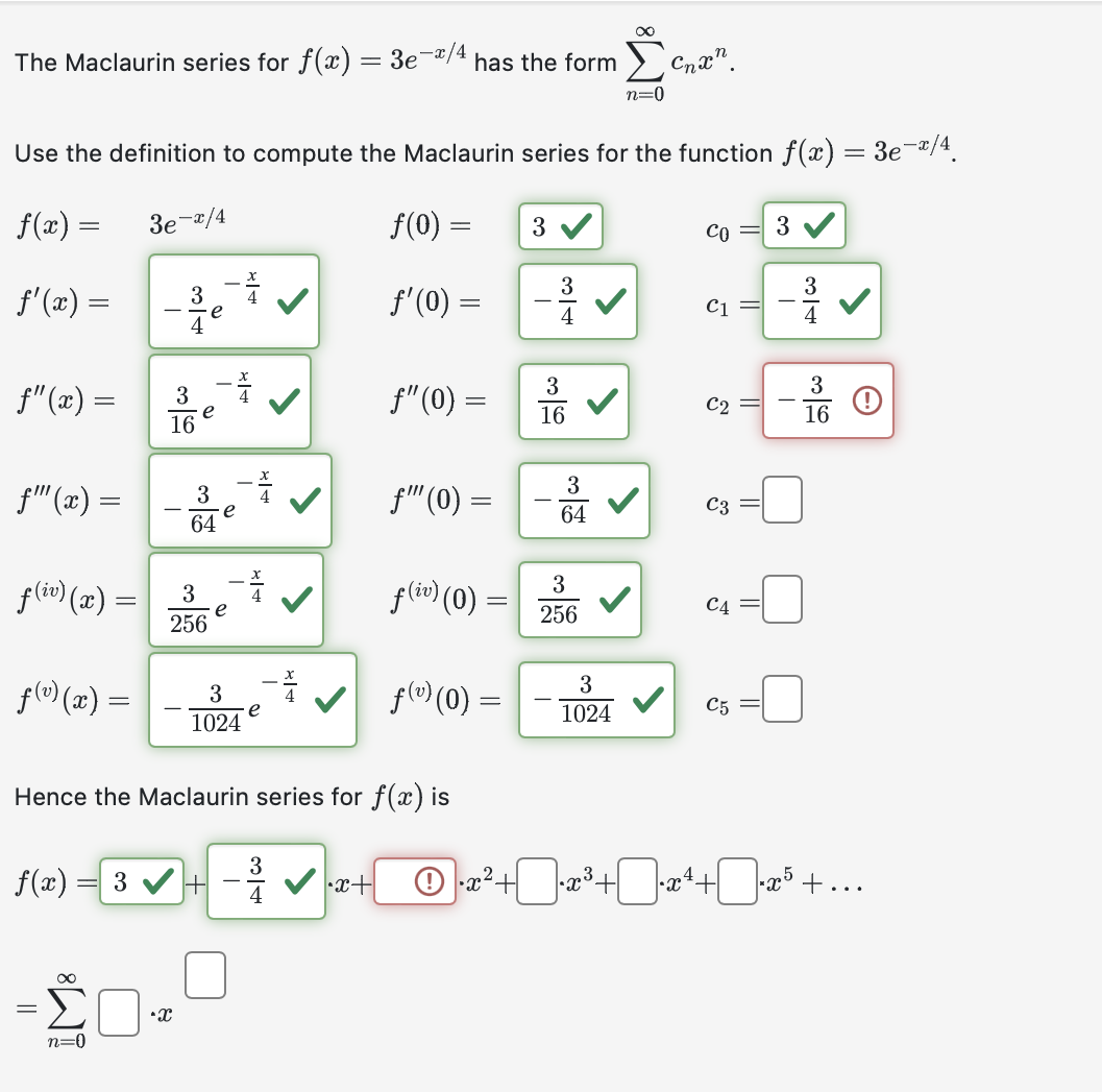 Solved The Maclaurin series for f(x)=3e−x/4 has the form | Chegg.com