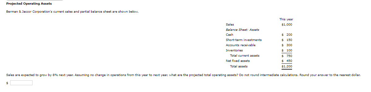 Solved Projected Operating Assets Berman \&. Jaccor | Chegg.com
