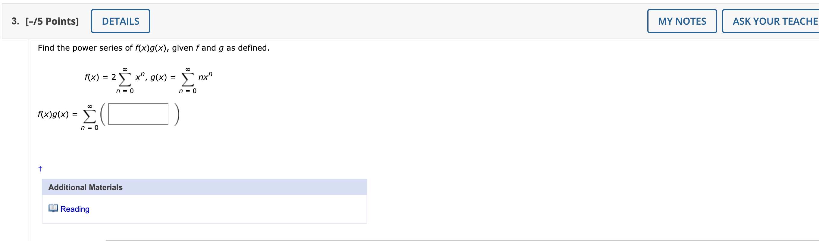 Find the power series of f(x)g(x), given f and g as | Chegg.com