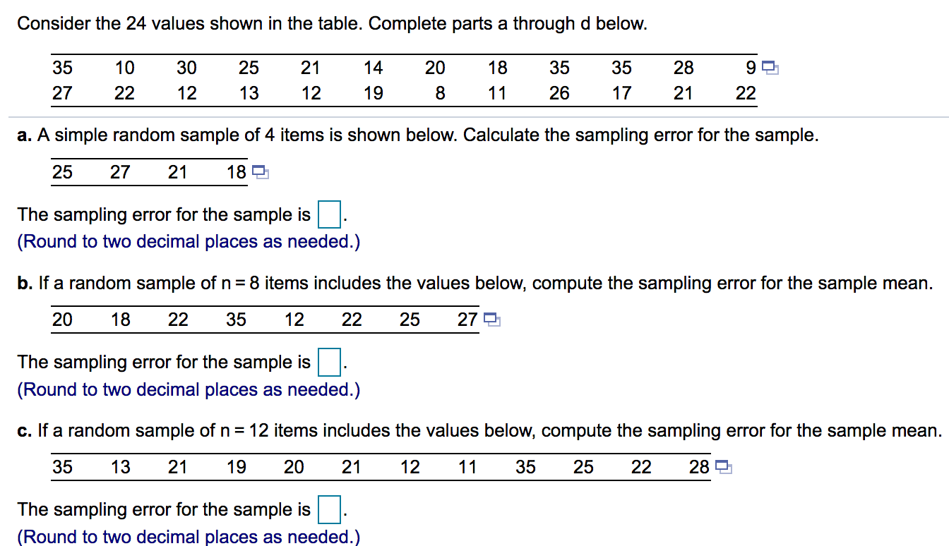 Solved Consider the 24 values shown in the table. Complete | Chegg.com