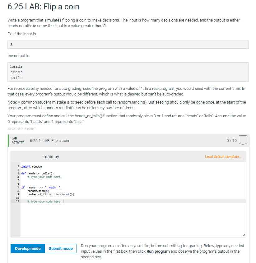 Solved 6.25 LAB: Flip a coin Write a program that simulates | Chegg.com