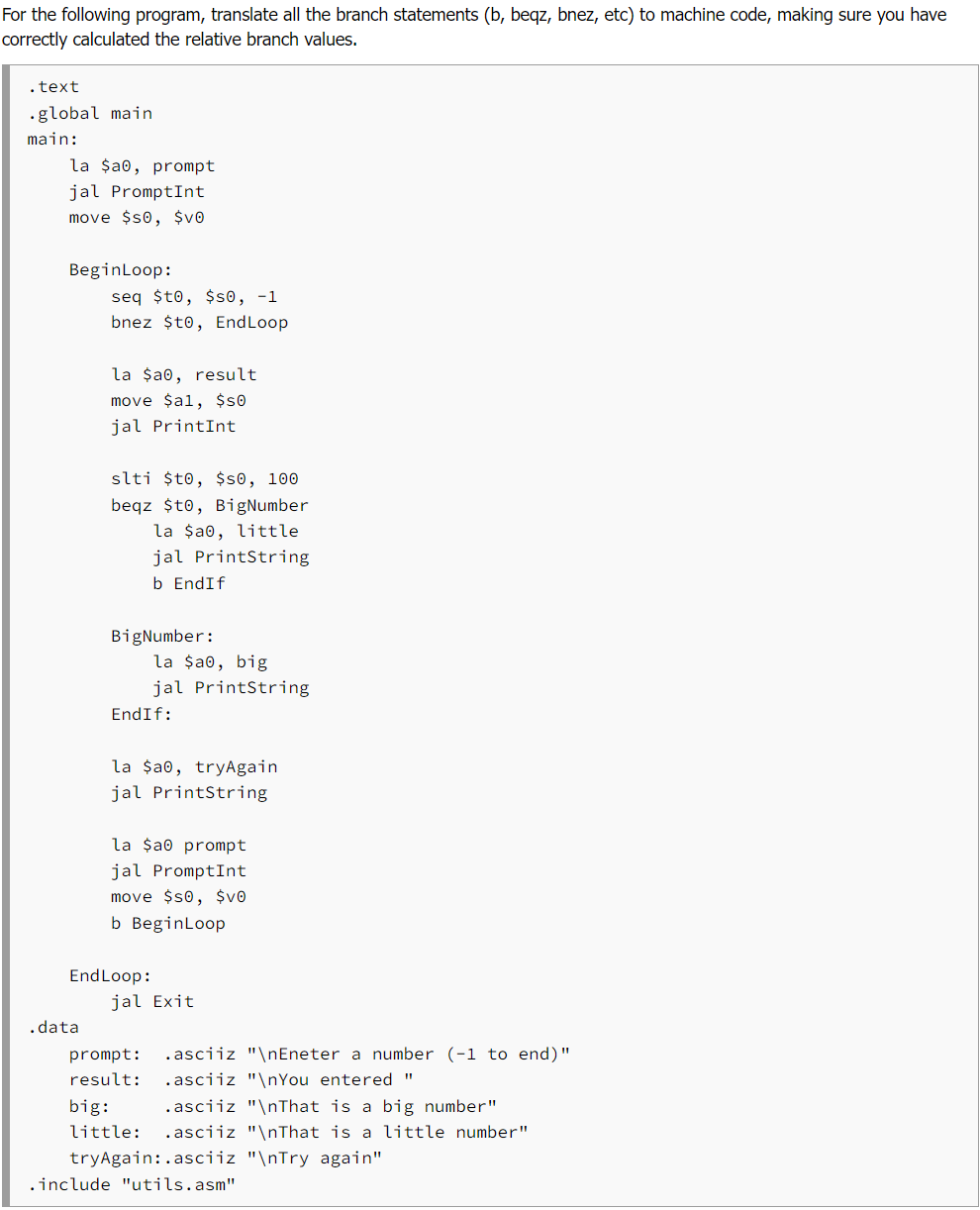 Solved For the following program, translate all the branch | Chegg.com