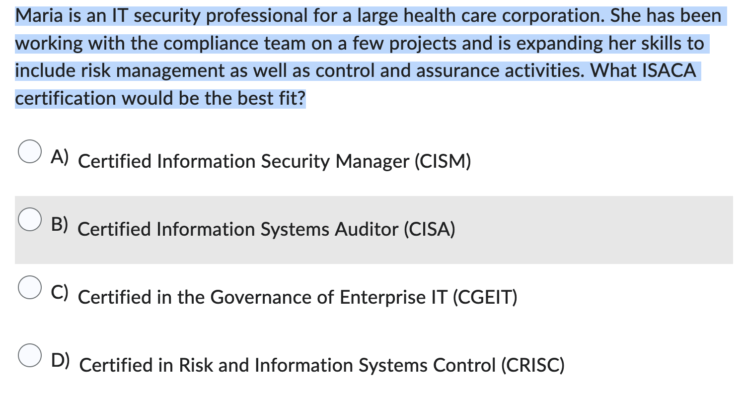 Solved Maria is an IT security professional for a large | Chegg.com
