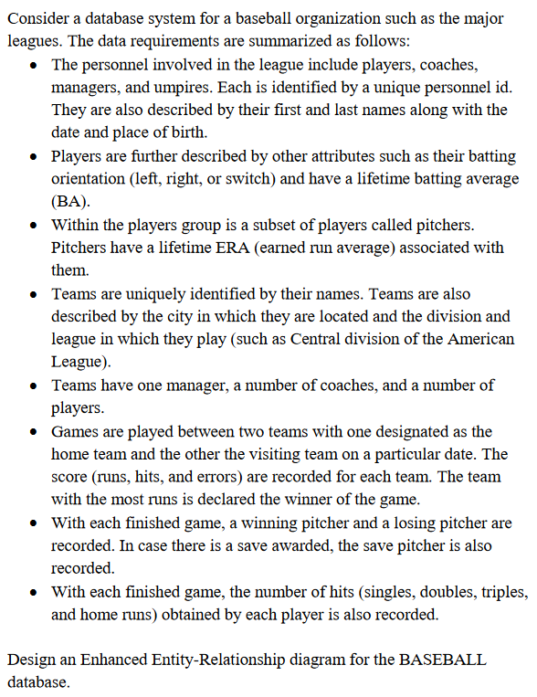 Consider a database system for a baseball | Chegg.com