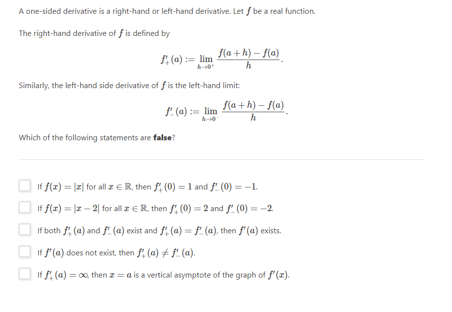 Solved A one-sided derivative is a right-hand or left-hand | Chegg.com