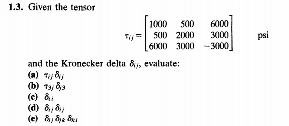 Solved 1.3. Given the tensor 1000500 6000 T,-1500 2000 3000 | Chegg.com
