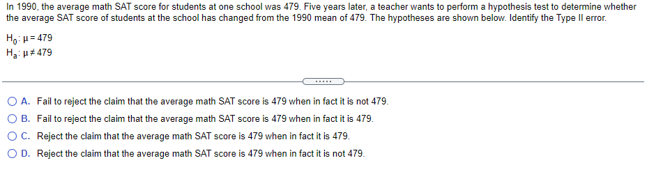 Solved In 1990, the average math SAT score for students at | Chegg.com
