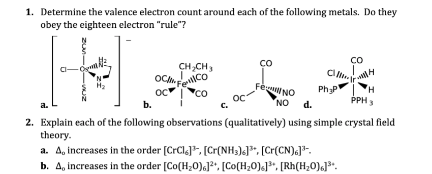 Solved 1. Determine the valence electron count around each | Chegg.com