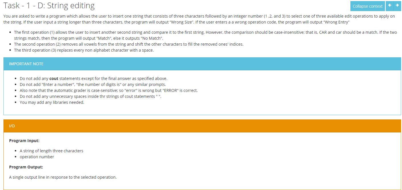 Solved Task - 1 - D: String editing Collapse context You are | Chegg.com