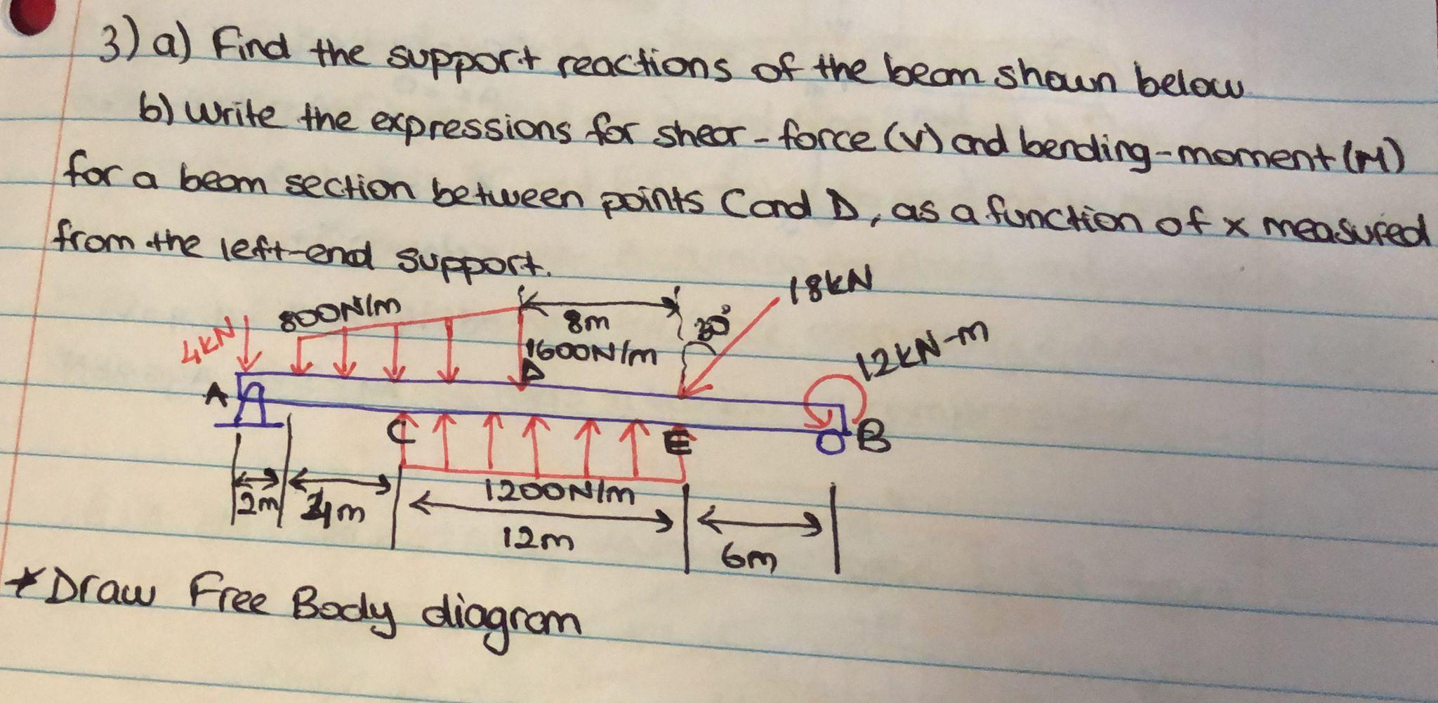 Solved 8 m 4 KN 800 N/m 18 kN 30° 1600 N/m 12 kN-m D B. E | Chegg.com