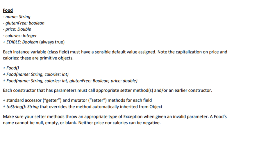 Solved Food - name: String - glutenFree: boolean -price: | Chegg.com