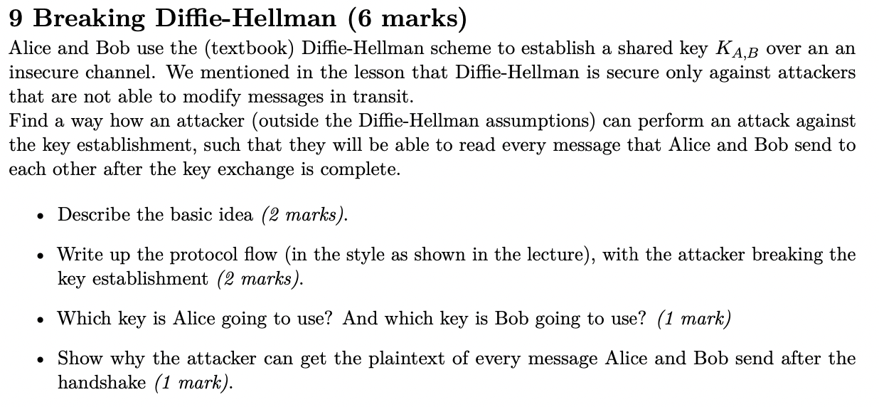 Solved 9 Breaking Diffie-Hellman (6 marks) Alice and Bob use | Chegg.com