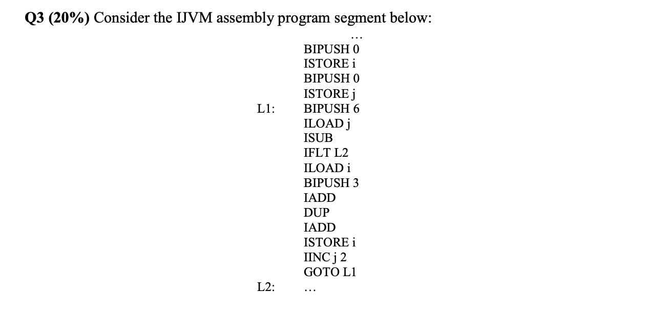 Q3 (20%) Consider the IJVM assembly program segment | Chegg.com