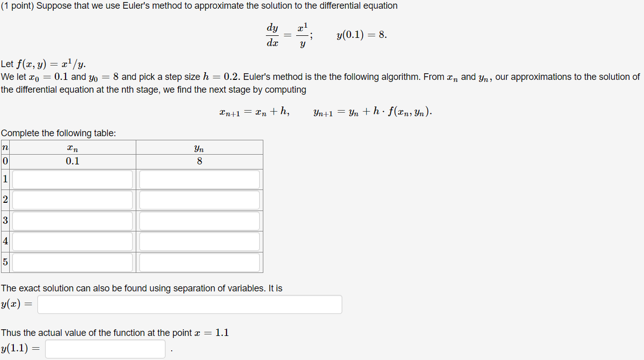 Solved (1 point) Suppose that we use Euler's method to | Chegg.com
