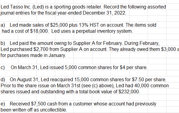 Solved Led Tasso Inc Led Is A Sporting Goods Retailer