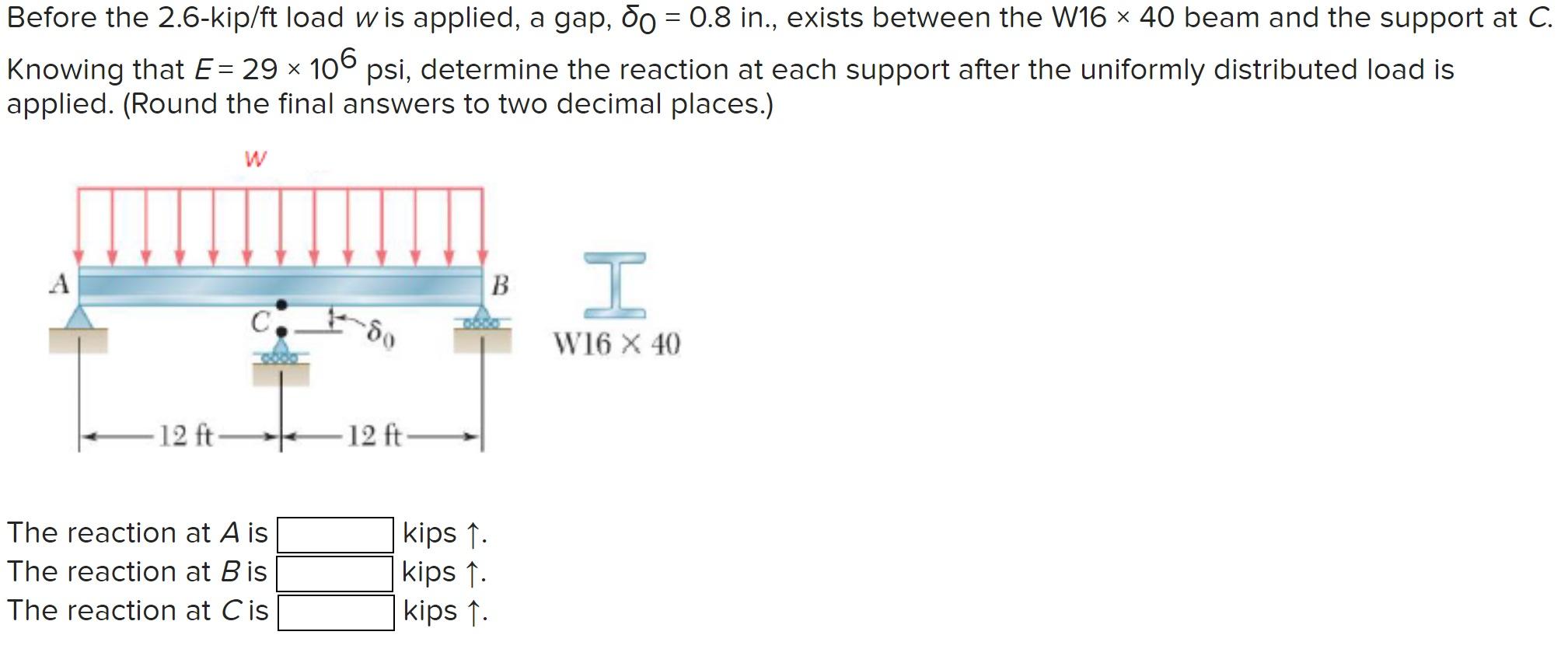 Solved Before the 2.6-kip/ft load wis applied, a gap, 5o = | Chegg.com
