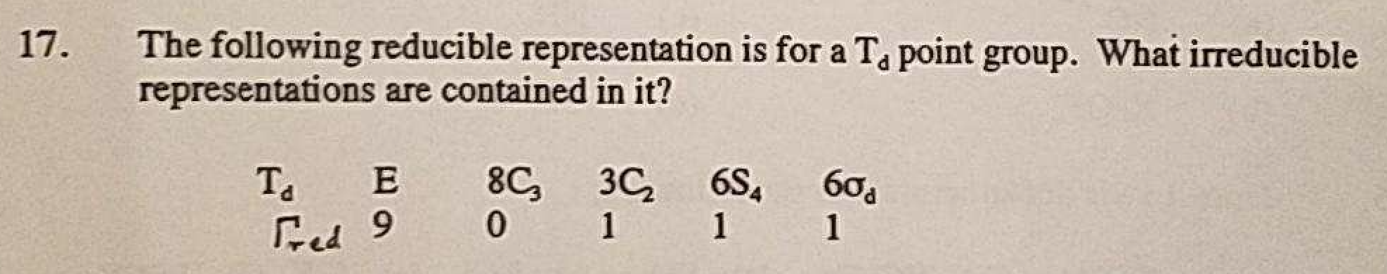 Solved 17. The following reducible representation is for a | Chegg.com