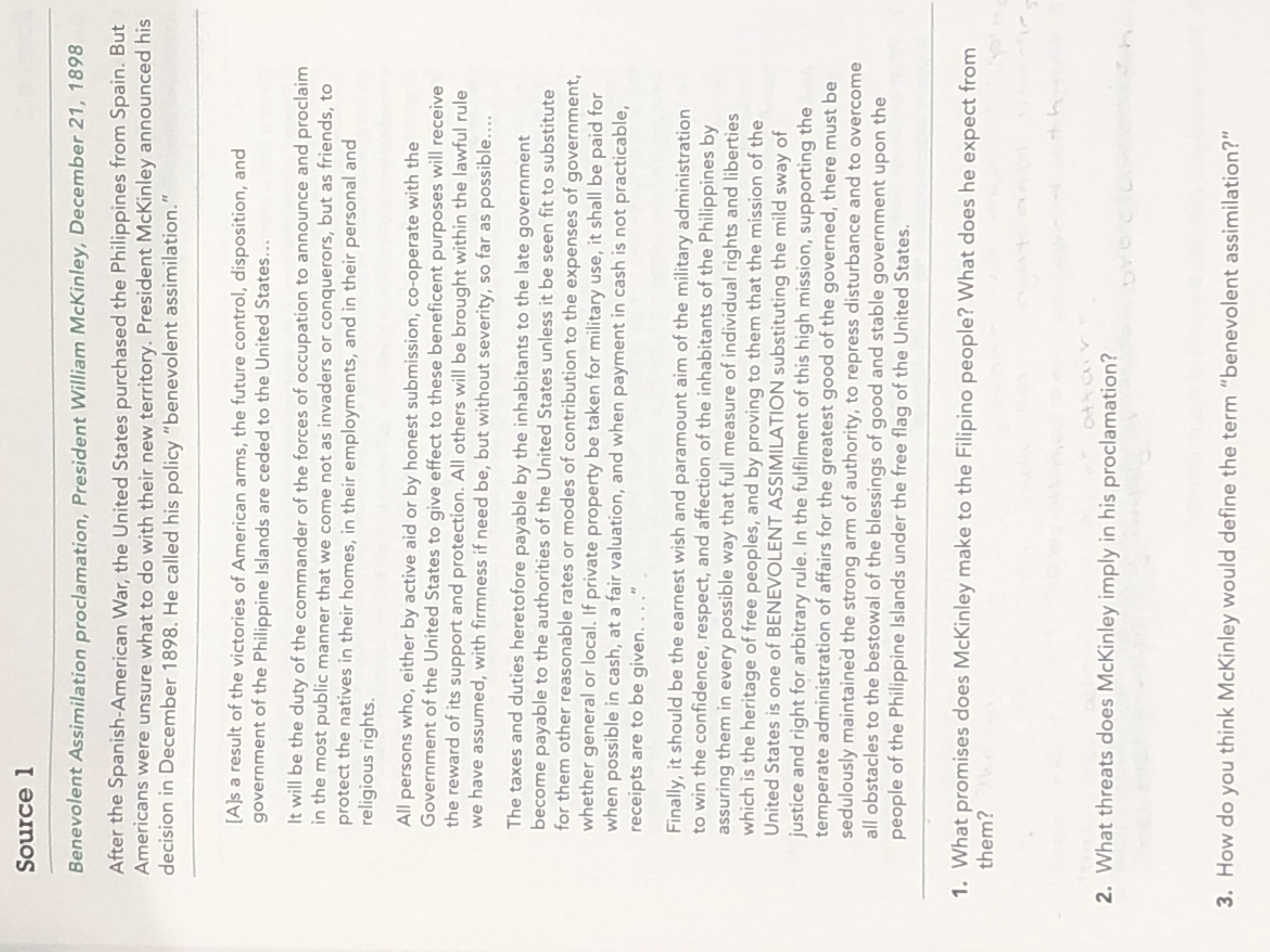 Benevolent Assimilation proclamation, President | Chegg.com