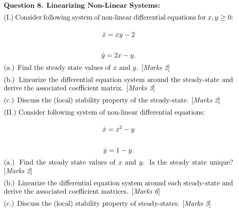 Solved Question 8. Linearizing Non-Linear Systems: (I.) | Chegg.com