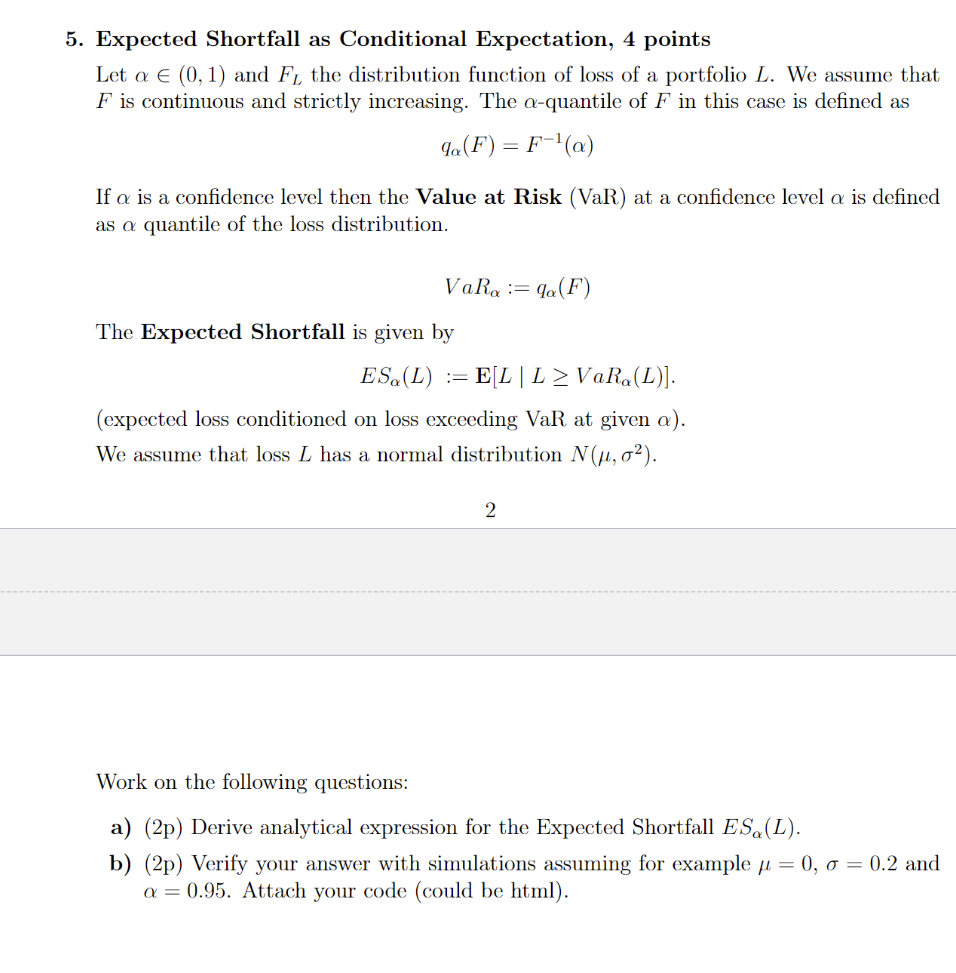 Expected Shortfall as Conditional Expectation, 4 | Chegg.com