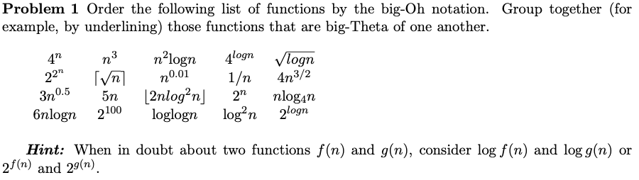 Solved Problem 1 Order the following list of functions by | Chegg.com