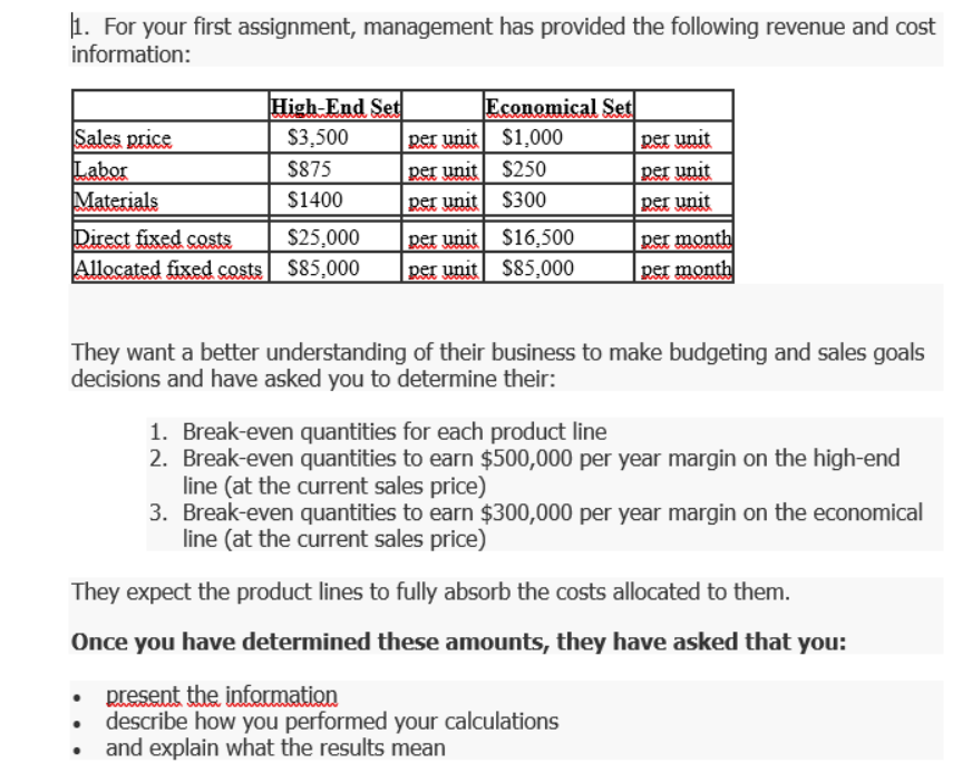 Solved 1. For your first assignment, management has provided | Chegg.com