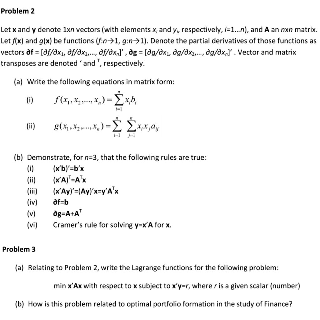 Solved Problem 2 Let x and y denote 1xn vectors (with | Chegg.com
