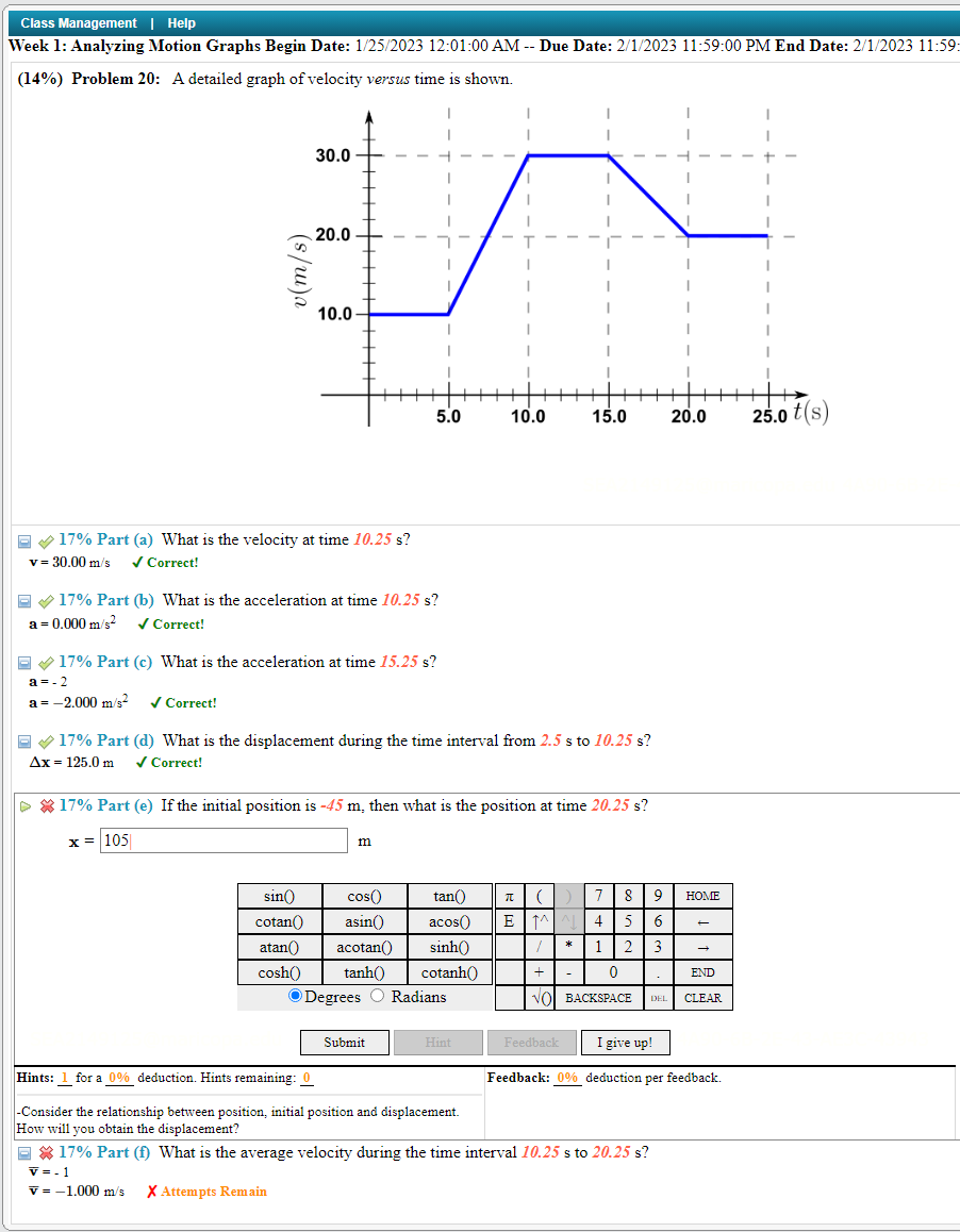 Solved (14\%) Problem 20: A detailed graph of velocity | Chegg.com