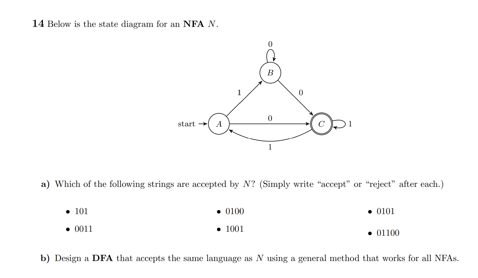 Solved 14 Below is the state diagram for an NFA N. 0 start → | Chegg.com