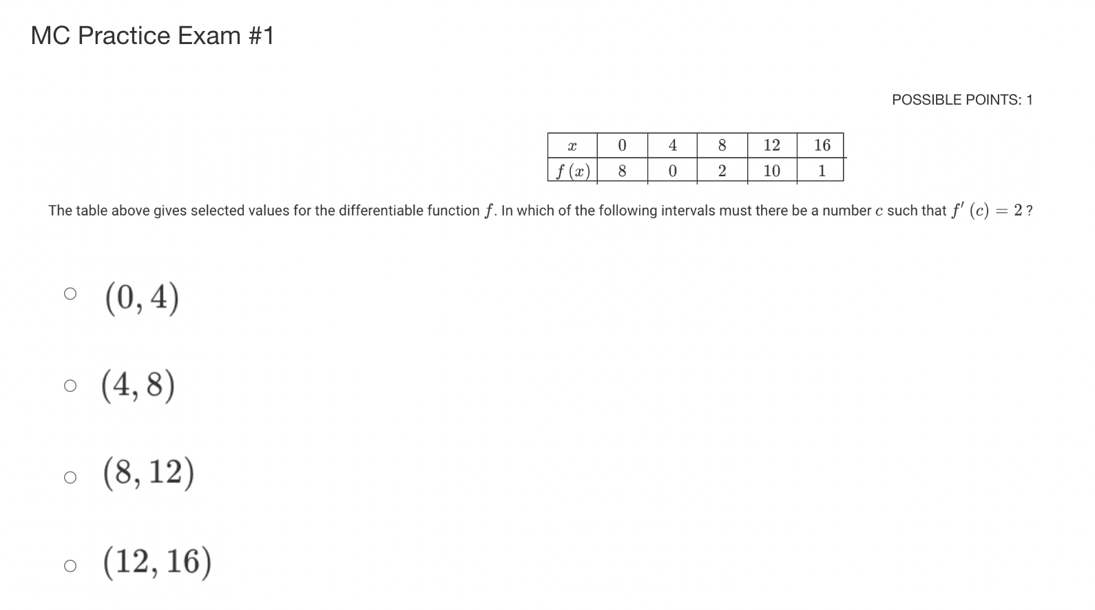 Solved MC Practice Exam \#1 POSSIBLE POINTS: 1 The table | Chegg.com
