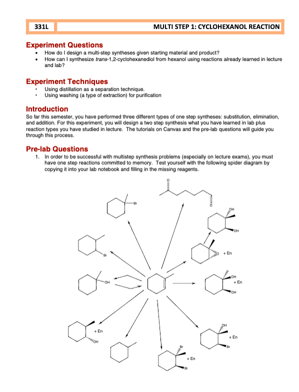 Solved 331L MULTI STEP 1: CYCLOHEXANOL REACTION Experiment | Chegg.com