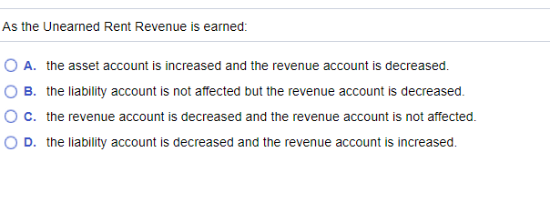Solved As the Unearned Rent Revenue is earned: O A. the | Chegg.com