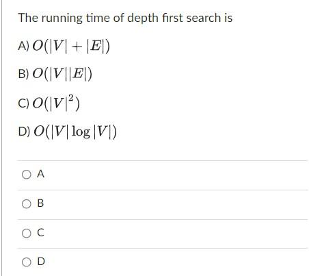 Solved The running time of depth first search is A) O(VI+ | Chegg.com