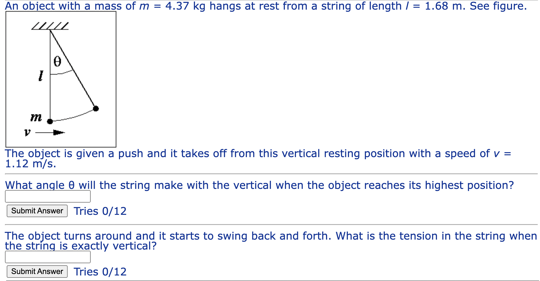 Solved An obiect with a mass of m=4.37 kg hangs at rest from | Chegg.com